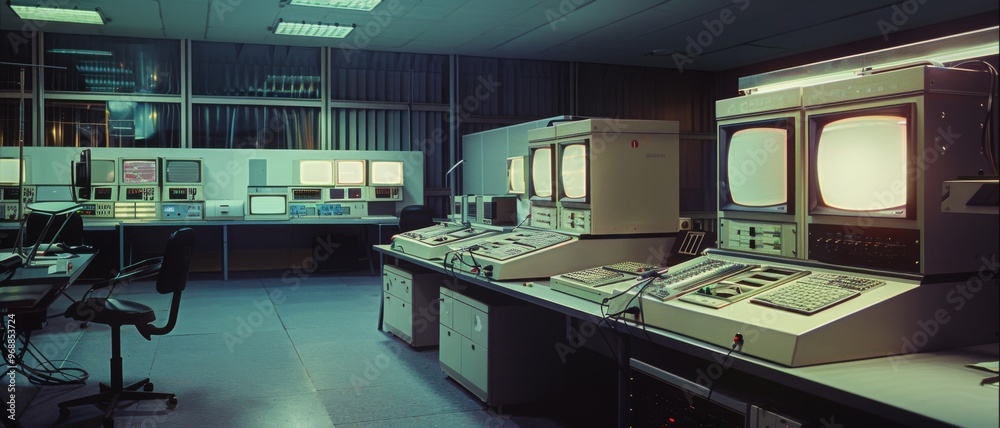 A vintage control room bathed in soft, dim lighting, filled with old ...