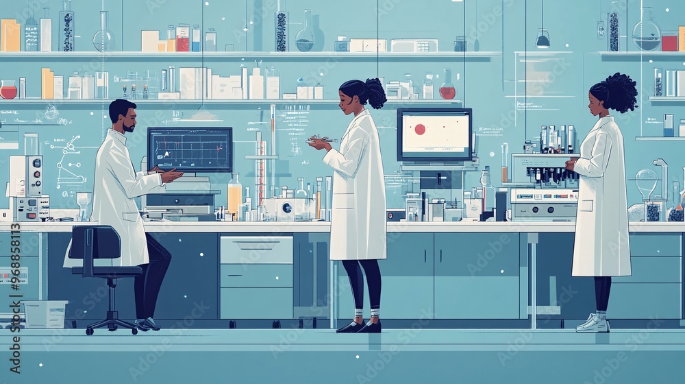 Minimalist lab scene with diverse scientists, highlighting teamwork and ...