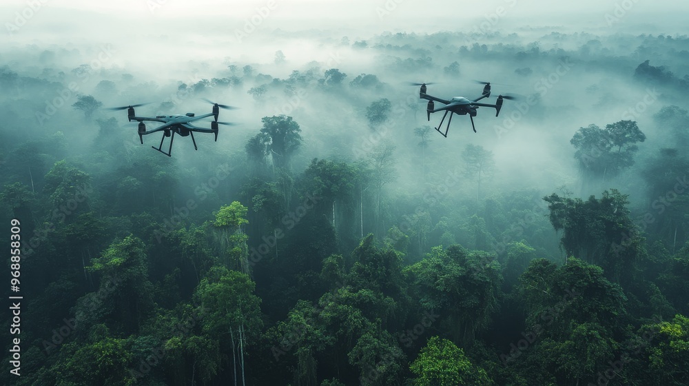 ภาพประกอบสต็อก AI-enhanced drones monitoring environmental conservation ...