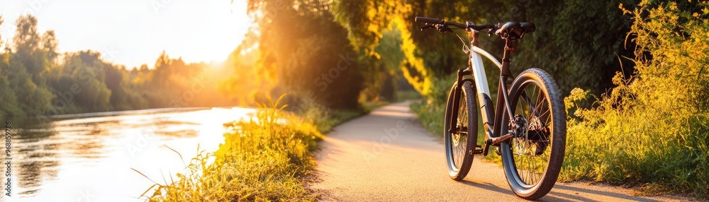 Electric bike powered by renewable energy, flowing along a scenic ...