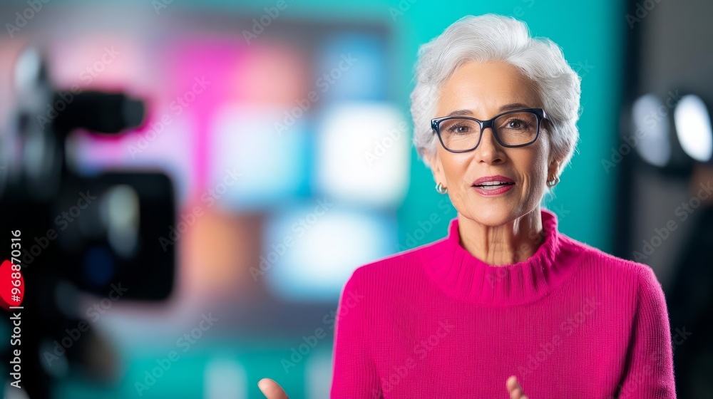 Elderly woman on a live TV interview, discussing corporate vision Stock ...