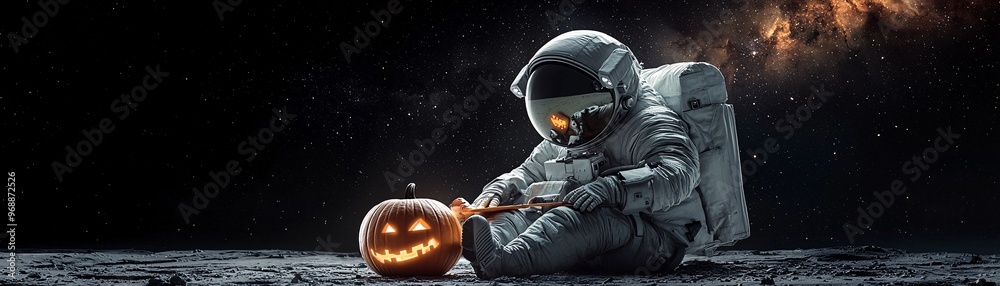 An astronaut carving a pumpkin on the surface of a distant planet, with ...