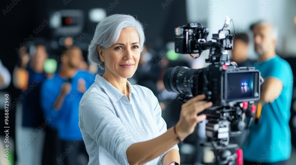 Mature woman directing a film crew, producing corporate videos ...