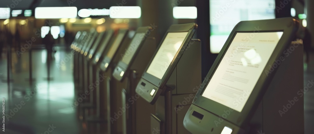 A row of self-service check-in kiosks at an airport, illuminated under ...
