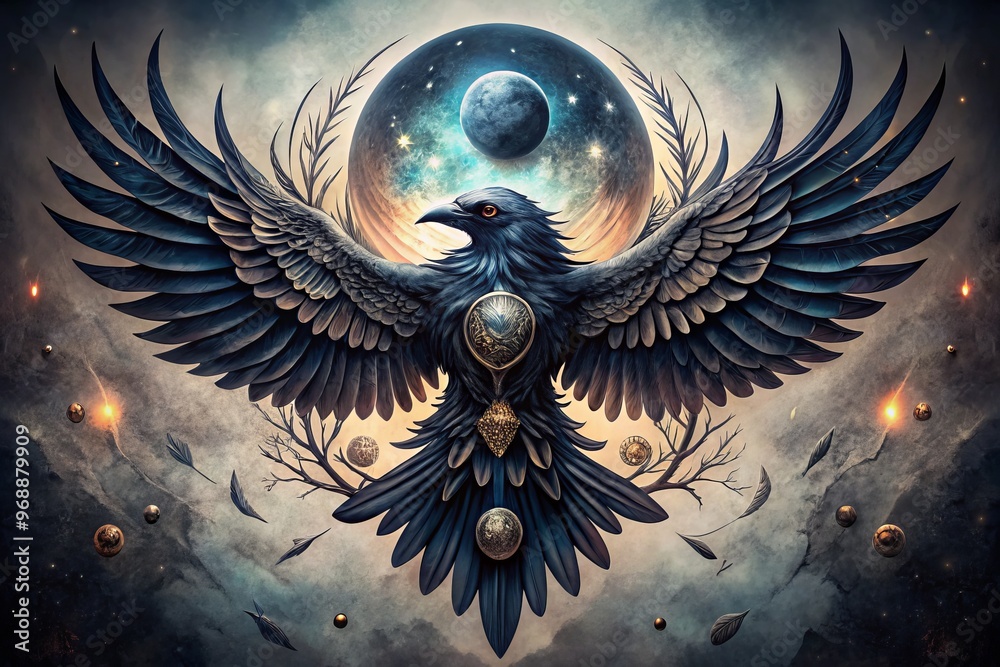 "Gothic-inspired raven bird tattoo with outstretched wings, moon phase ...