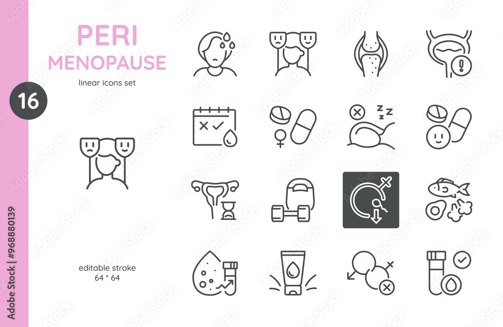 Perimenopause Icons Set. Linear illustrations representing symptoms and ...