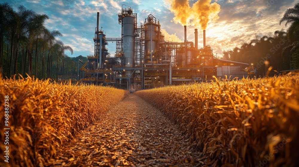 The biofuel refinery processes raw materials as steam rises, showcasing ...