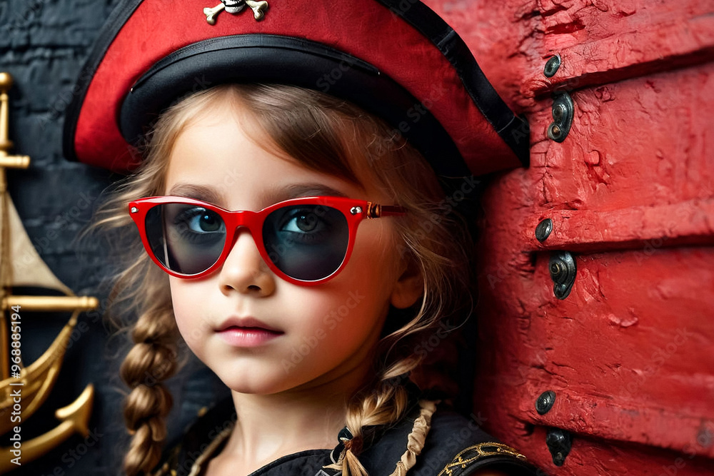Close-up portrait of child girl in pirate image with reflection red ...