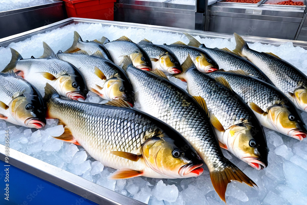 Fresh frozen carp on store counter in hypermarket. Concept of retail ...