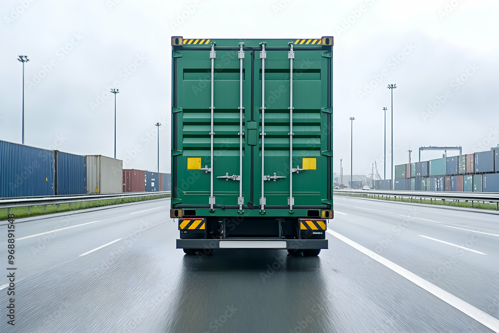 Rear View of Green Shipping Container Truck on Highway Representing ...
