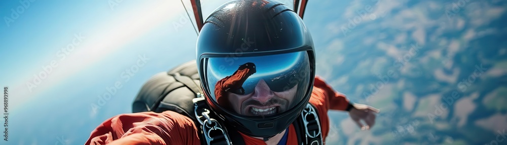 Detailed shot of skydiver s helmet reflecting the horizon, parachute ...