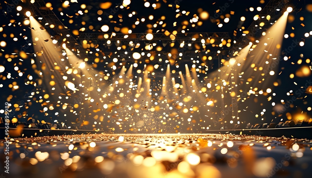 Golden confetti cascading from a spotlight in an empty nighttime venue ...