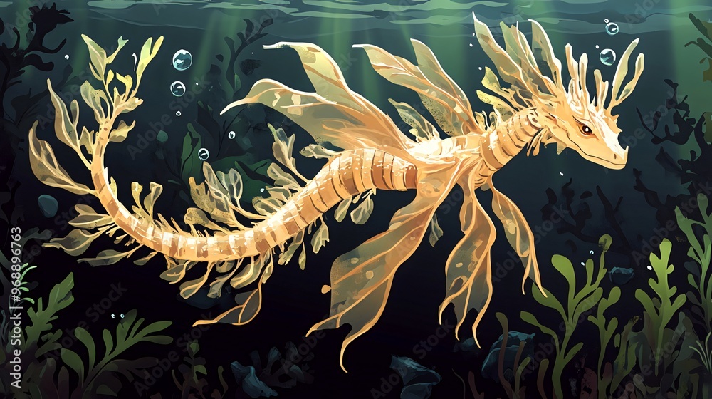 A yellow leafy sea dragon swims through a kelp forest, its translucent ...