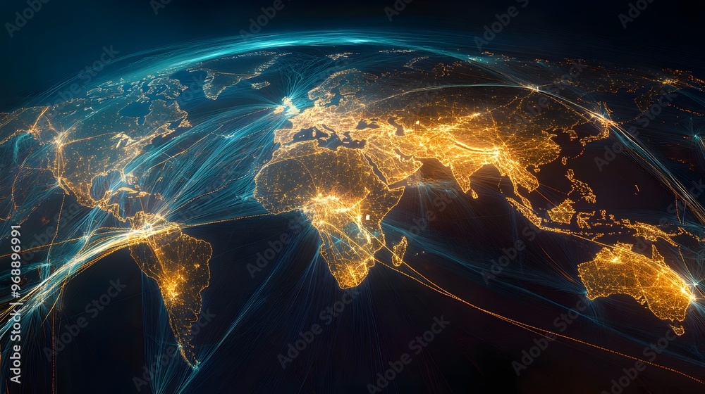 34. A global supply chain map showing interconnected logistics routes ...