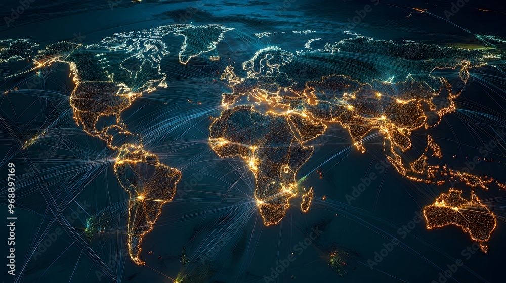 34. A global supply chain map showing interconnected logistics routes ...