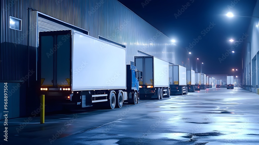 35. A fleet of refrigerated trucks being loaded at a cold storage ...