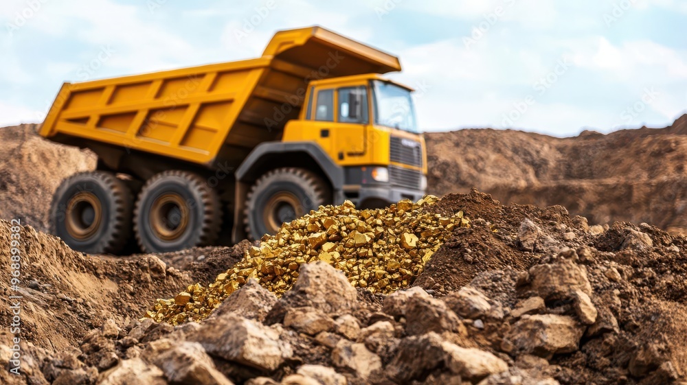 Gold mining trucks and excavation equipment working in an open-pit mine ...