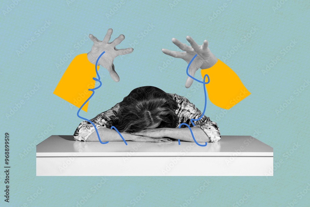 Creative image collage young woman lying depressed tired exhausted ...