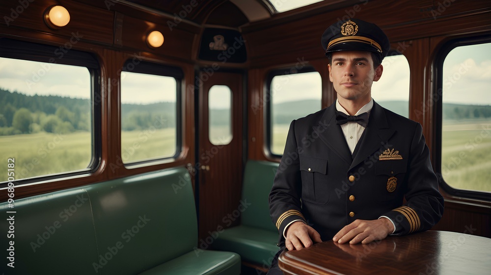 Image of a train conductor dressed in a formal uniform standing inside ...