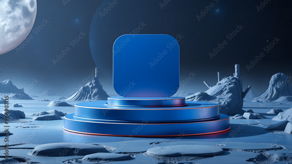 3d Mock up Metallic blue podium with sci-fi elements and alien ...