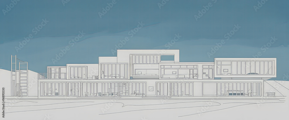 Illustrative frontal view of a new, modern and clearly architecturally ...