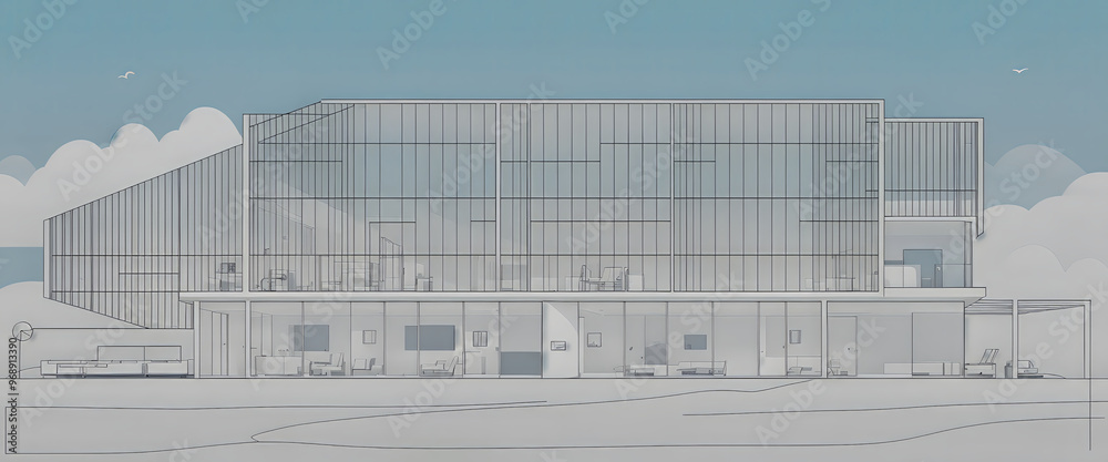 Illustrative frontal view of a new, modern and clearly architecturally ...