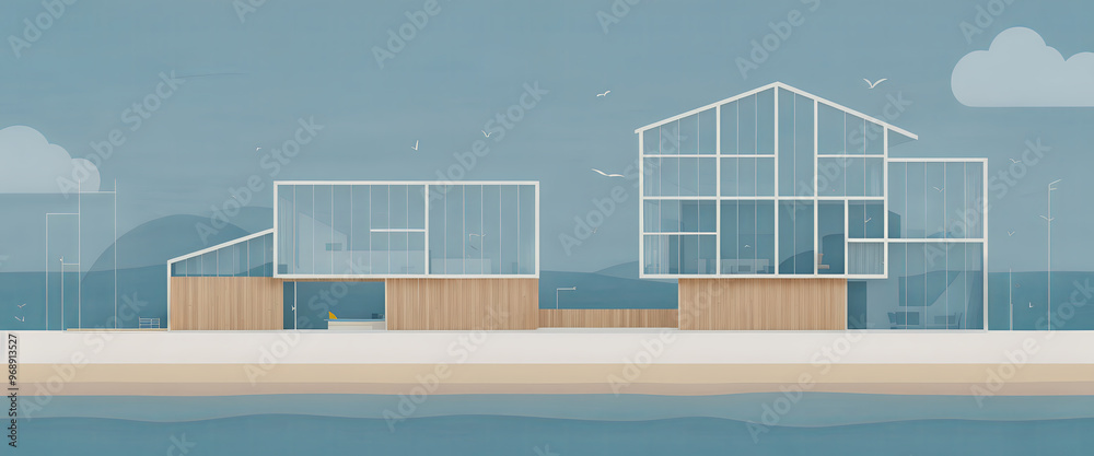 Illustrative frontal view of a new, modern and clearly architecturally ...