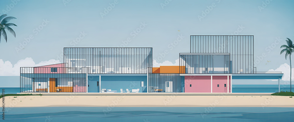 Illustrative frontal view of a new, modern and clearly architecturally ...