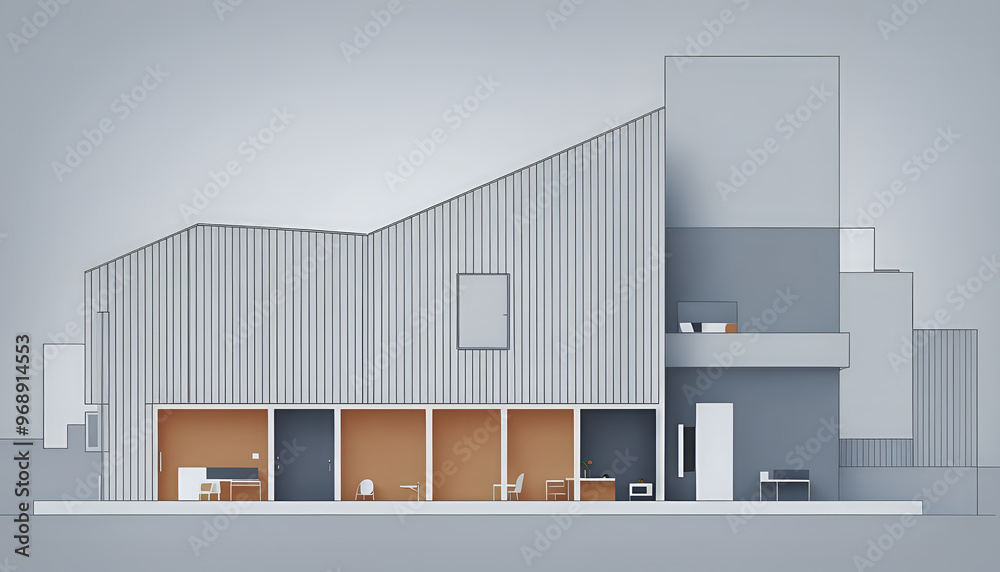 Illustrative frontal view of a new, modern and clearly architecturally ...