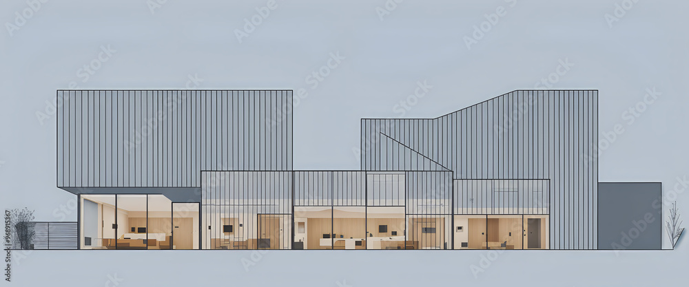Illustrative frontal view of a new, modern and clearly architecturally ...