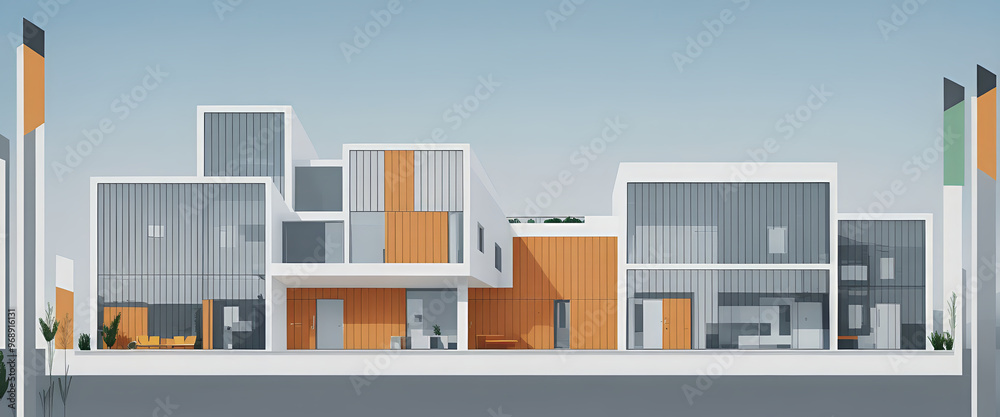Illustrative frontal view of a new, modern and clearly architecturally ...