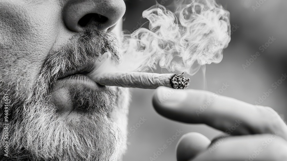 A close-up black and white image depicts a man smoking a cigar with ...