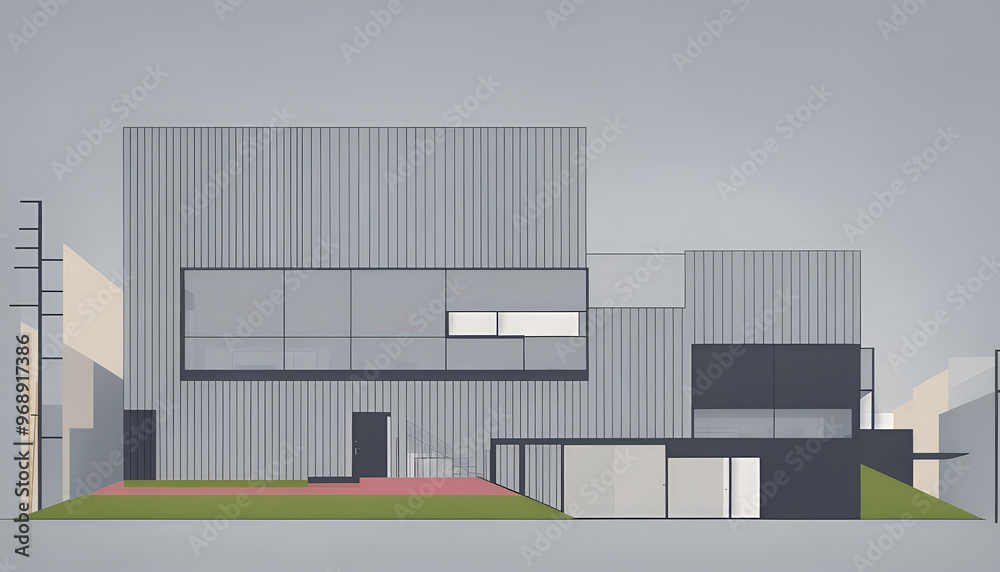 Illustrative frontal view of a new, modern and clearly architecturally ...