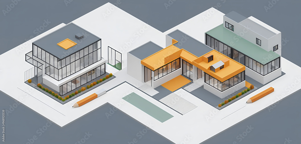 Illustrative frontal view of a new, modern and clearly architecturally ...