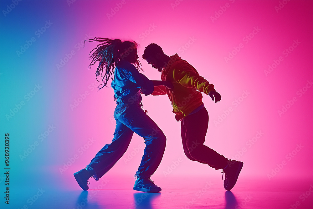 Capture two dynamic figures performing contemporary hip-hop dance ...