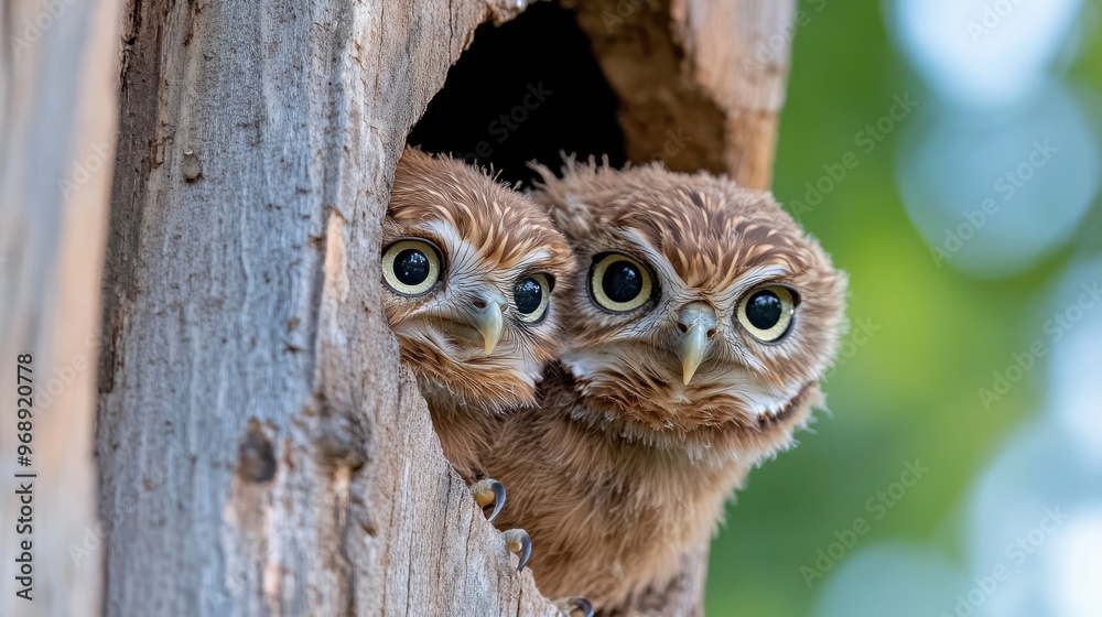 Two adorable owls with vast, inquisitive eyes peer out from their cozy ...