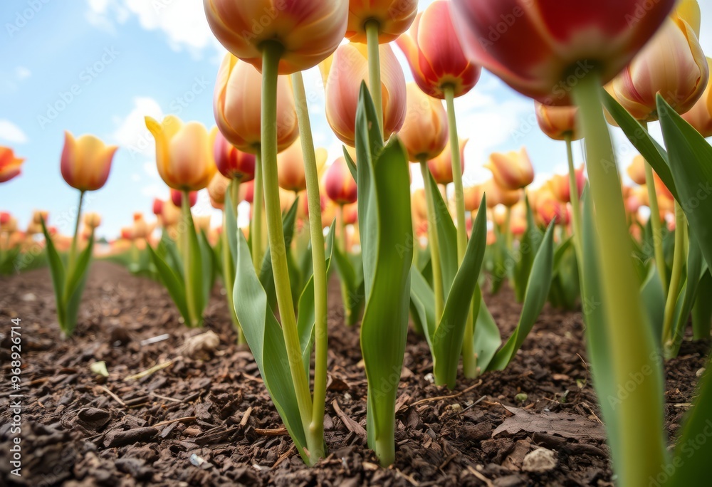 Tulip Fields from Ground Level A worm's eye view of tulips focus Stock ...