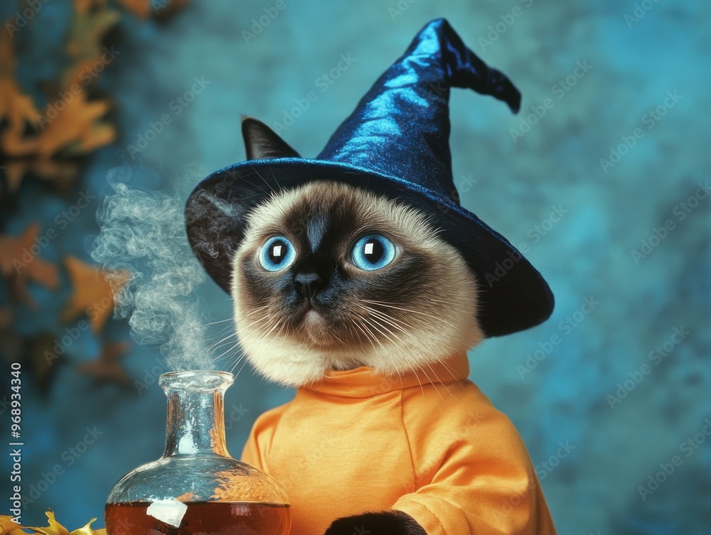 Witchy Siamese Cat Conjuring Spooky Magic with Bubbling Potion - Halloween Animal Costume ...