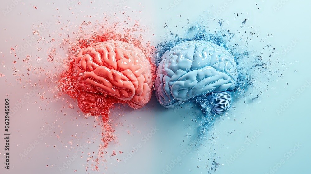 Two brains, one red and one blue, colliding in an explosion of color ...