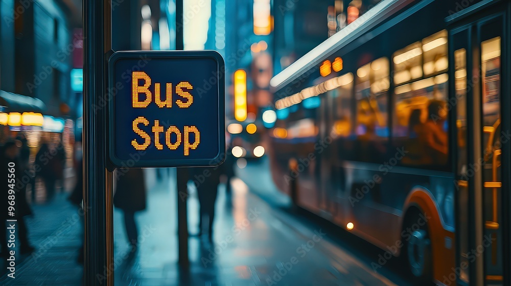 City bus pulling up to bus stop sign on a busy street during evening ...