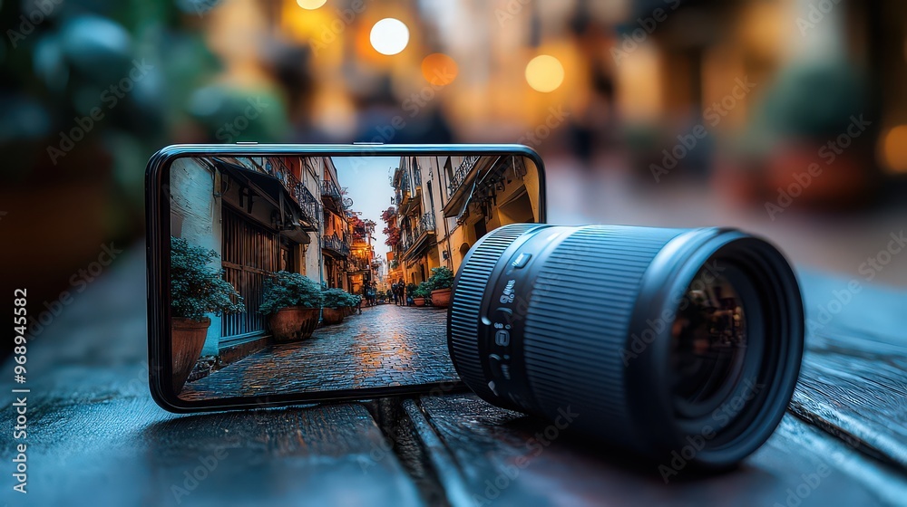 Smartphone and camera lens placed on a table, showing a city street ...