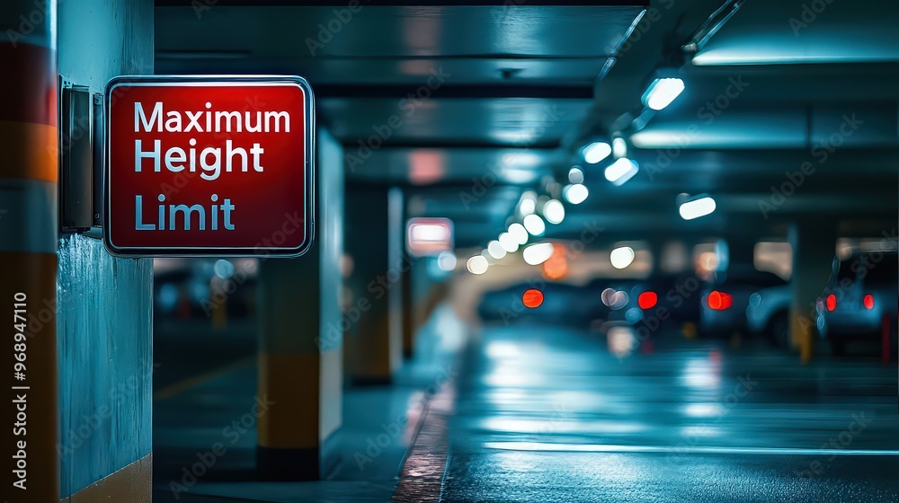Maximum height limit sign stands illuminated in a dimly lit underground ...