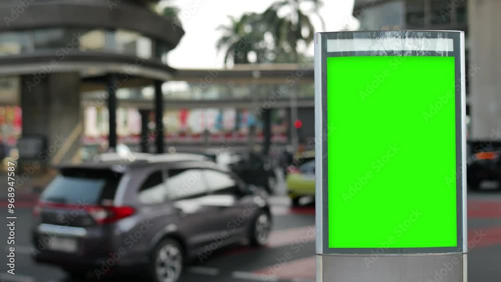 Green wrinkled poster template in city. Glued paper mockup. Empty ...