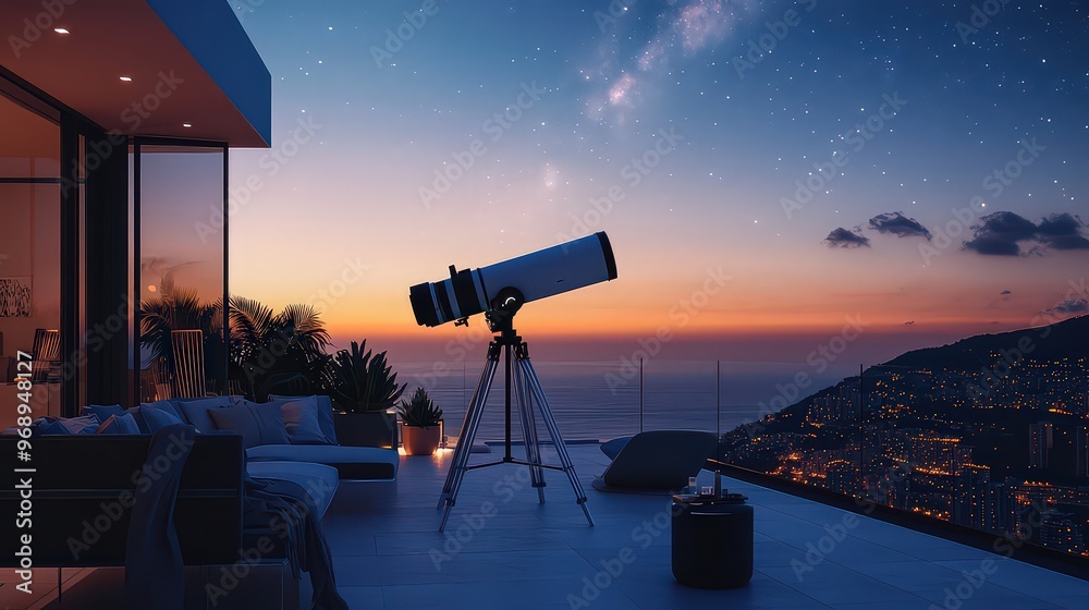 Telescope set up on a modern terrace with an ocean view, perfect for ...