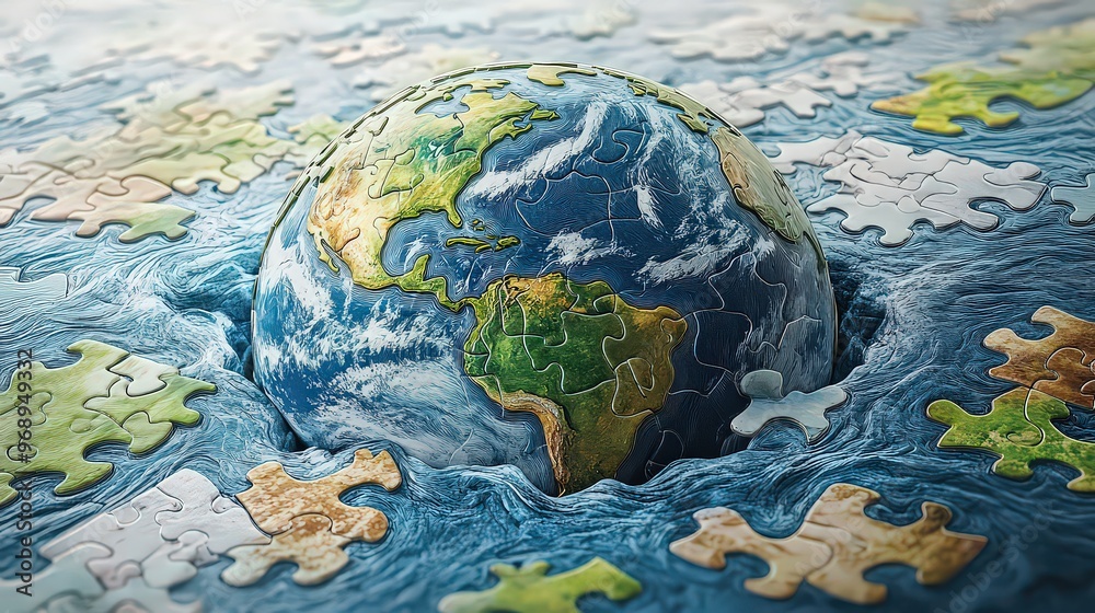 Earth made from puzzle pieces symbolizing global unity and the ...