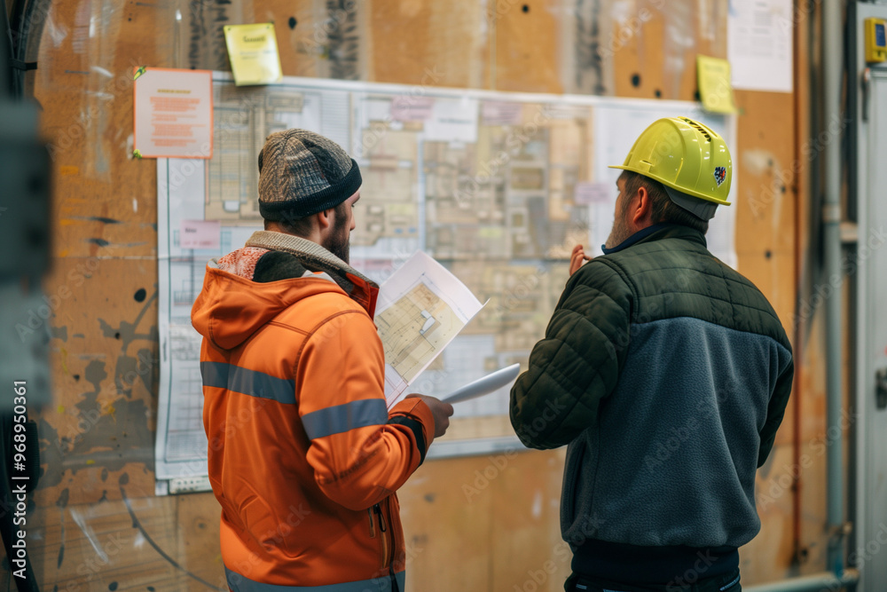Two factory workers examining detailed blueprints pinned on a corkboard ...