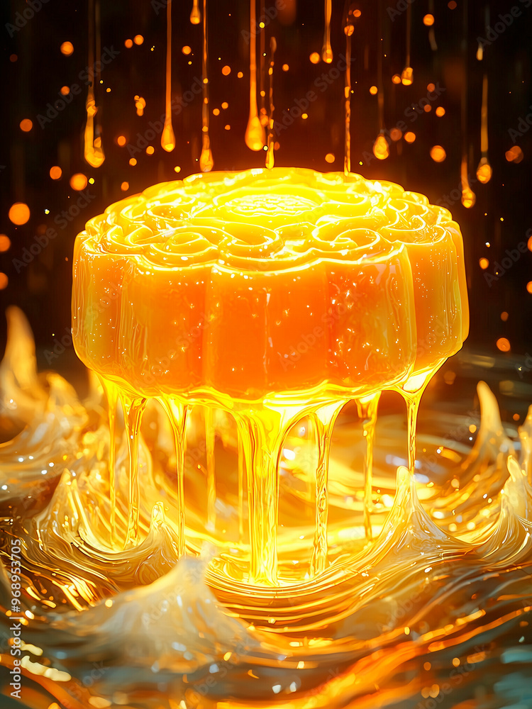 a yellow glowing mooncake, soaked in honey and floating with the waves ...