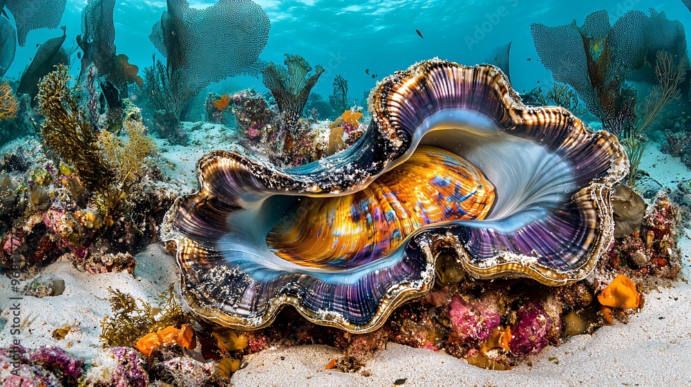 A giant clam, a type of mollusk, sits open on a coral reef with its ...