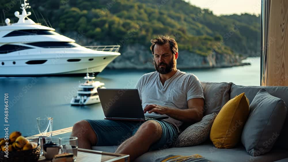 Wealthy man relaxing on luxury yacht, tropical island background ...