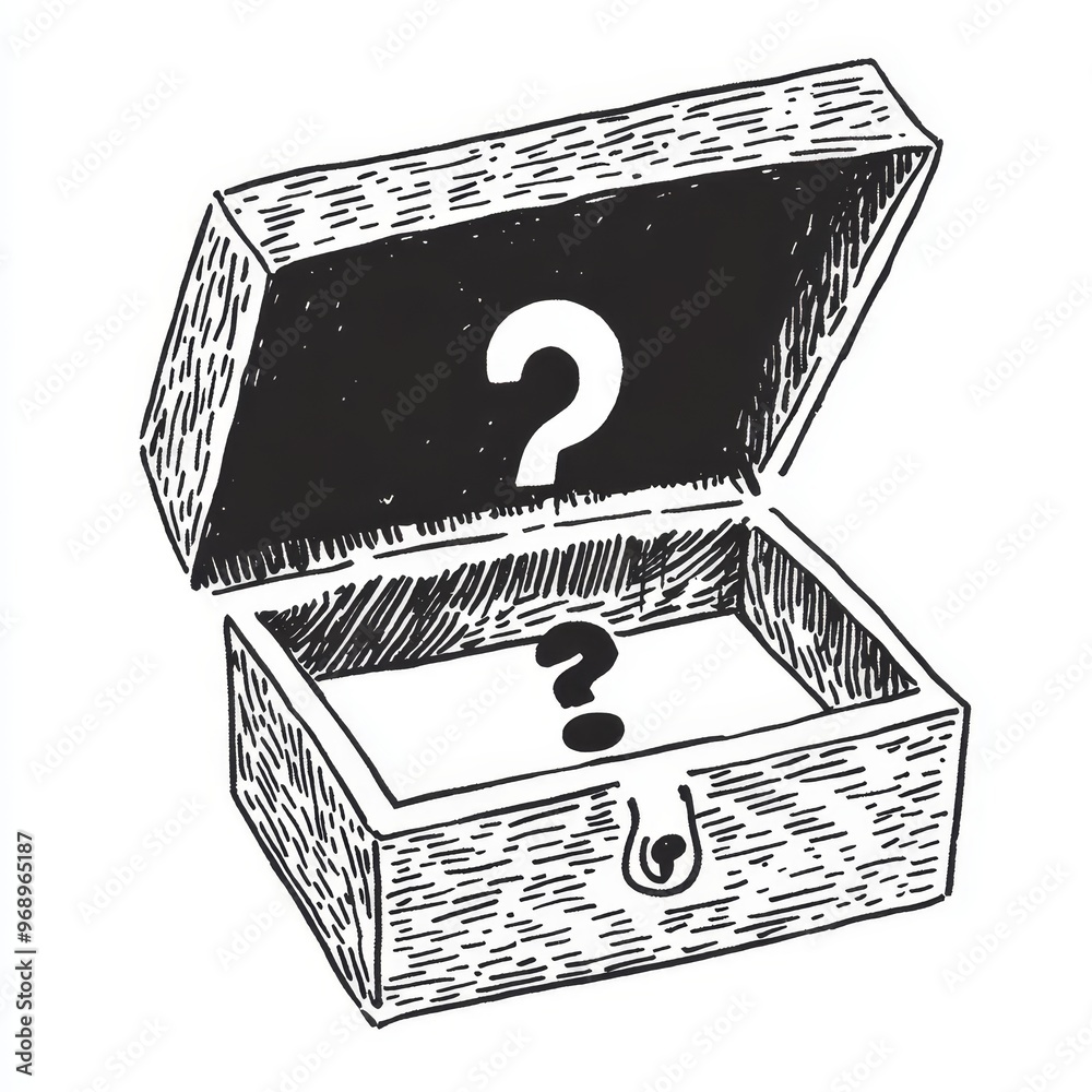 An illustration of a hand-drawn doodle gift box with a question mark ...